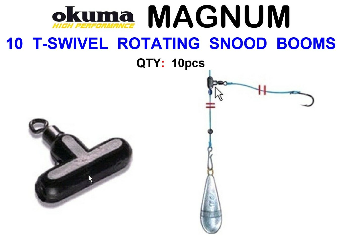 10 OKUMA BLACK T SWIVEL ROTATING SNOOD BOOMS FOR SEA FISHING LINE BAIT ...