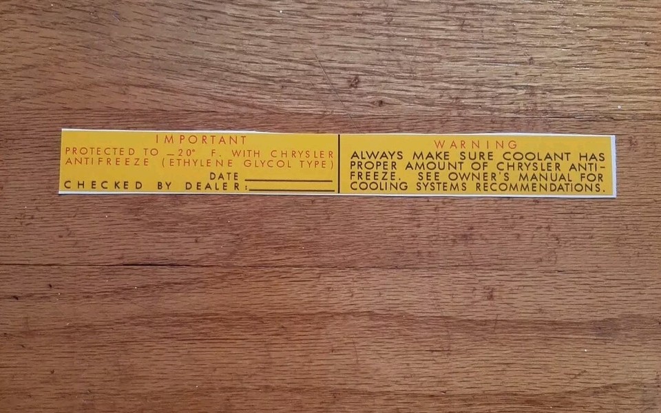Mopar Dodge Plymouth Chrysler Radiator/Coolant Decal 1969,70,71 72 73 ...