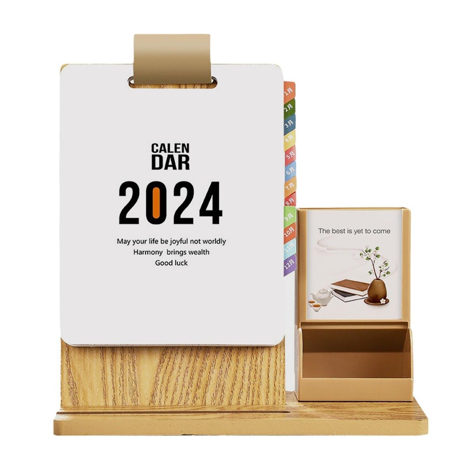 2024 Desk Calendar with Pen Holder Storage Box Phone Holder Desktop ...