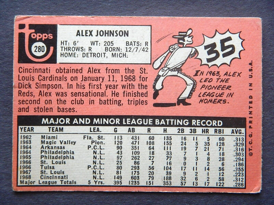 Alex Johnson #280 Topps 1969 Baseball Card (Cincinnati Reds) G | eBay