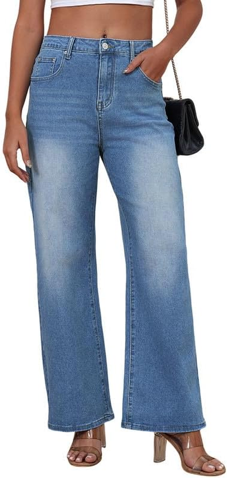 Womens Wide Leg Baggy Jeans High Waisted Stretch Loose Jeans Trendy