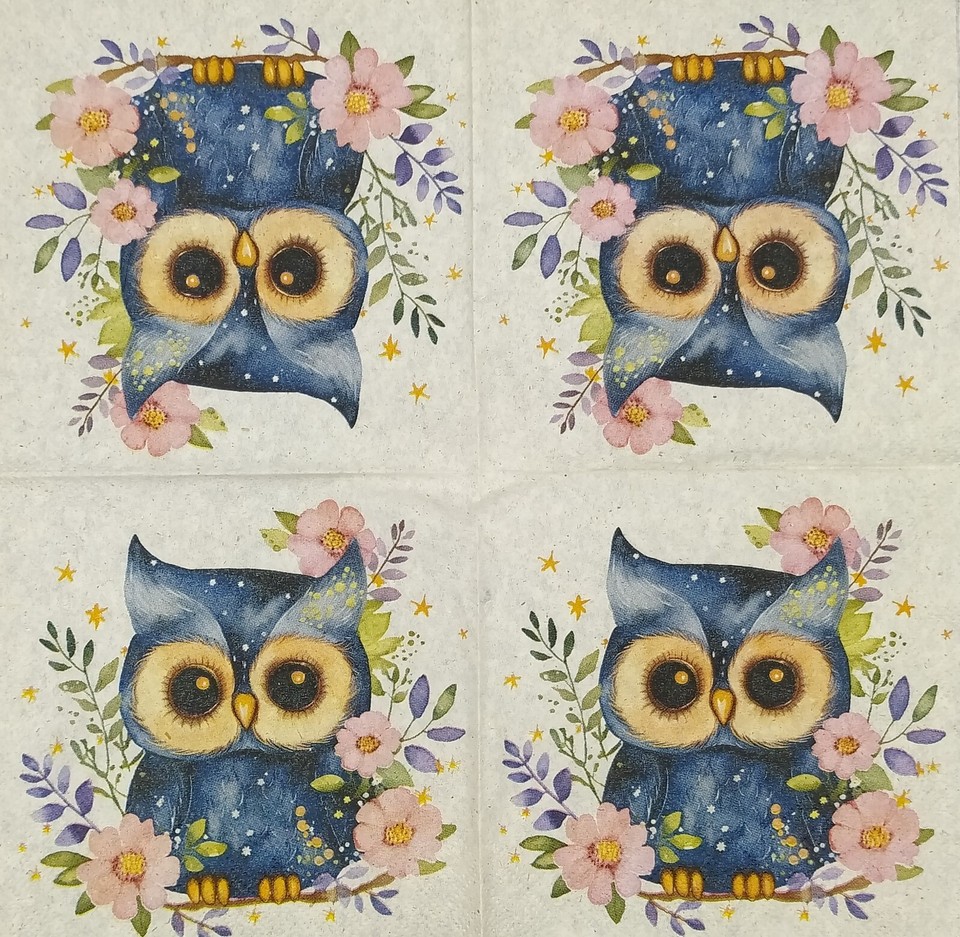 Z036# 3 x Single SMALL Paper Napkins For Decoupage Blue Owl Bird ...