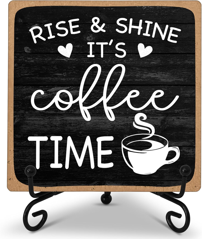 Farmhouse Coffee Bar Sign, Rise & Shine It'S Coffee Time, 4"X4" Wood ...