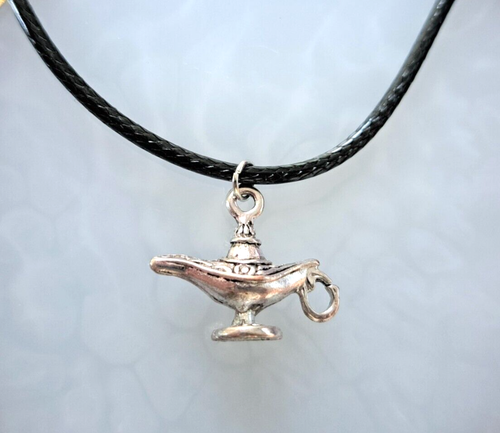 💫 NEW Silver Genie Aladdin Magic Lamp Pendant Necklace Black Cord/Faux ...