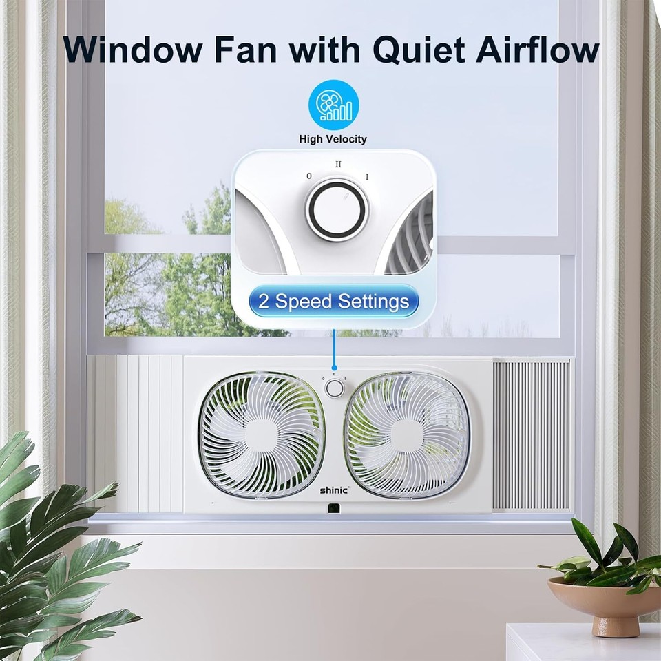 shinic 9" Twin Window Fan with 270° Rotatable Fans 2-Speeds Vertical ...