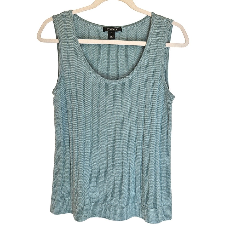 St John Ribbed Knit Tank Shell Size M Blue Scoop Neck Wool Blend | eBay