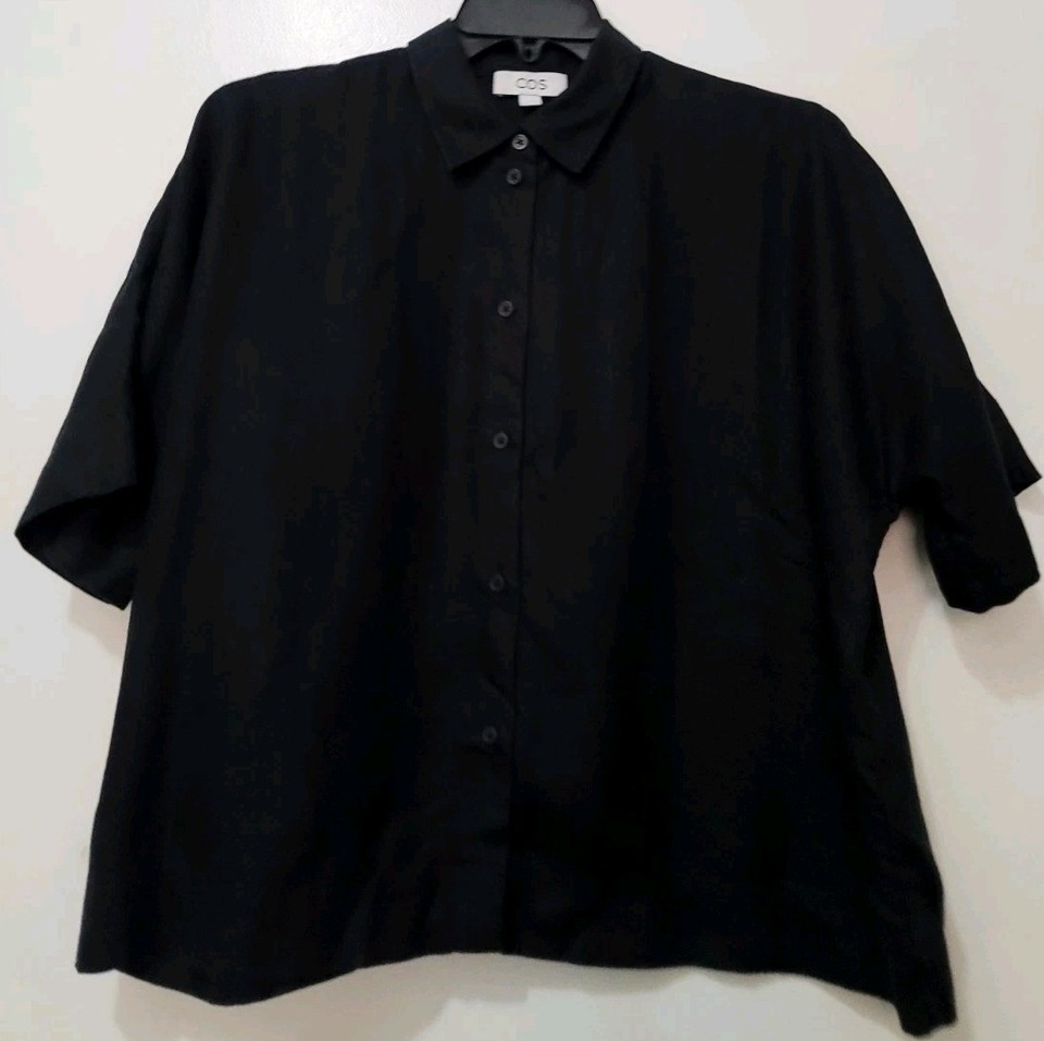 COS Shirt Top Womens Size Large Black Linen Short Sleeve Crop Boxy ...