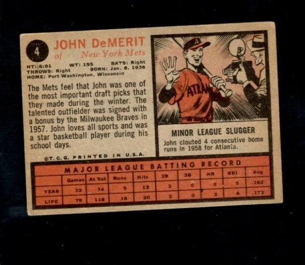 1962 Topps # 4 John DeMerit Vg-Ex | eBay