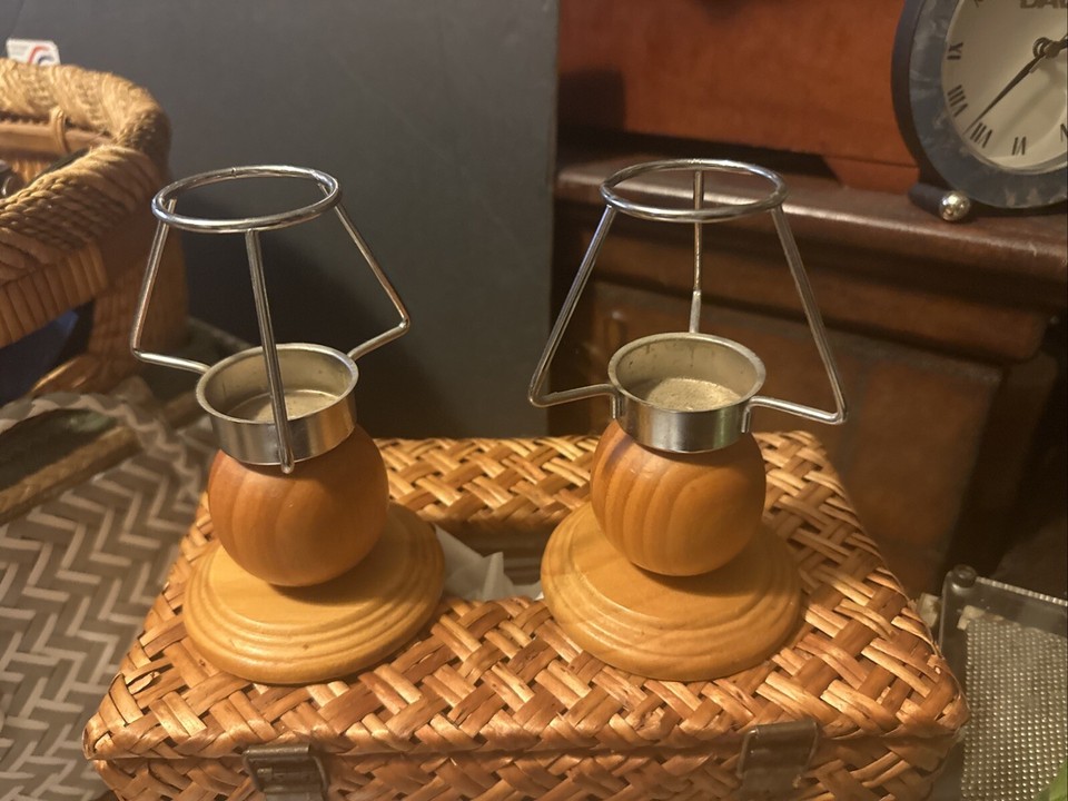 Tea Light Lamps A Pair ,Glass Shades ,Wood Base ,Small | eBay
