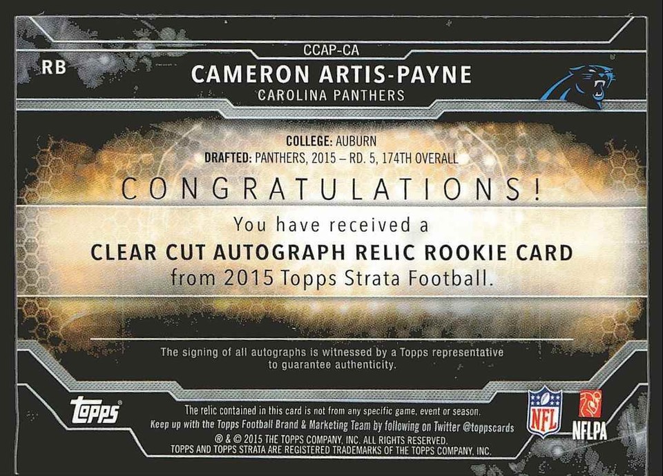 FB Cameron Artis-Payne 2015 Topps Strata Clear Autographed Relic ...