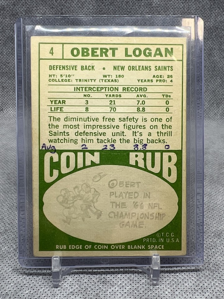 1968 Topps #4 Obert Logan New Orleans Saints | eBay