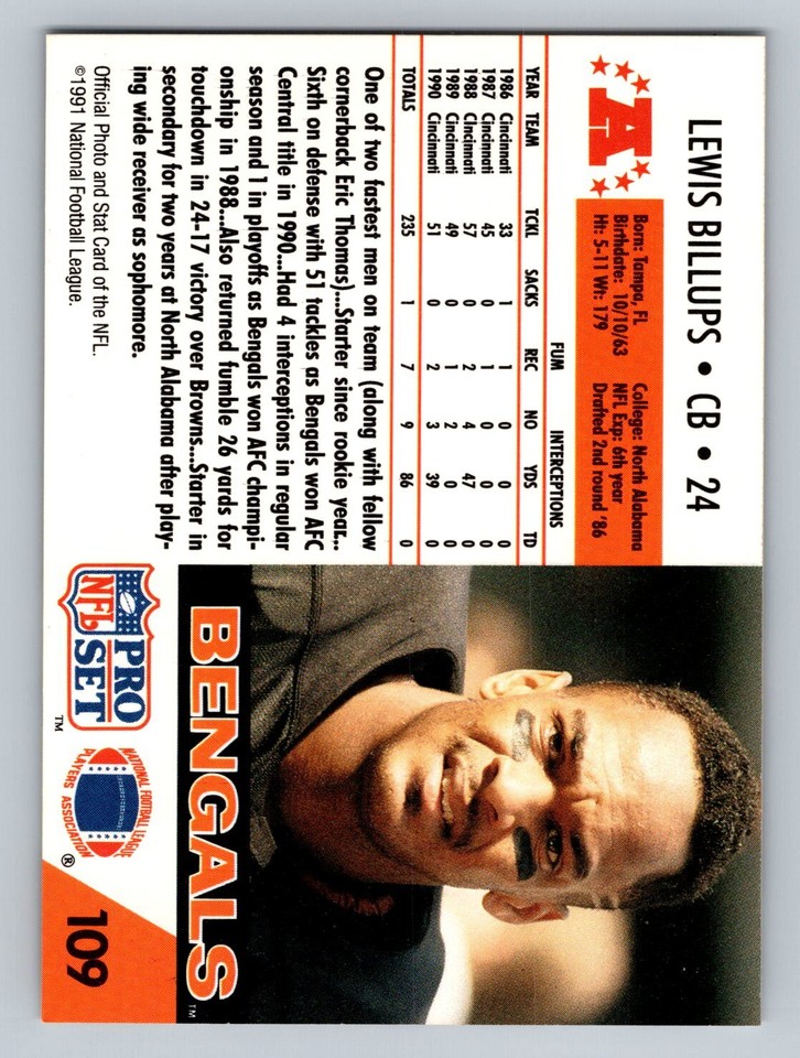 1991 Pro Set #109 Lewis Billups Cincinnati Bengals | eBay