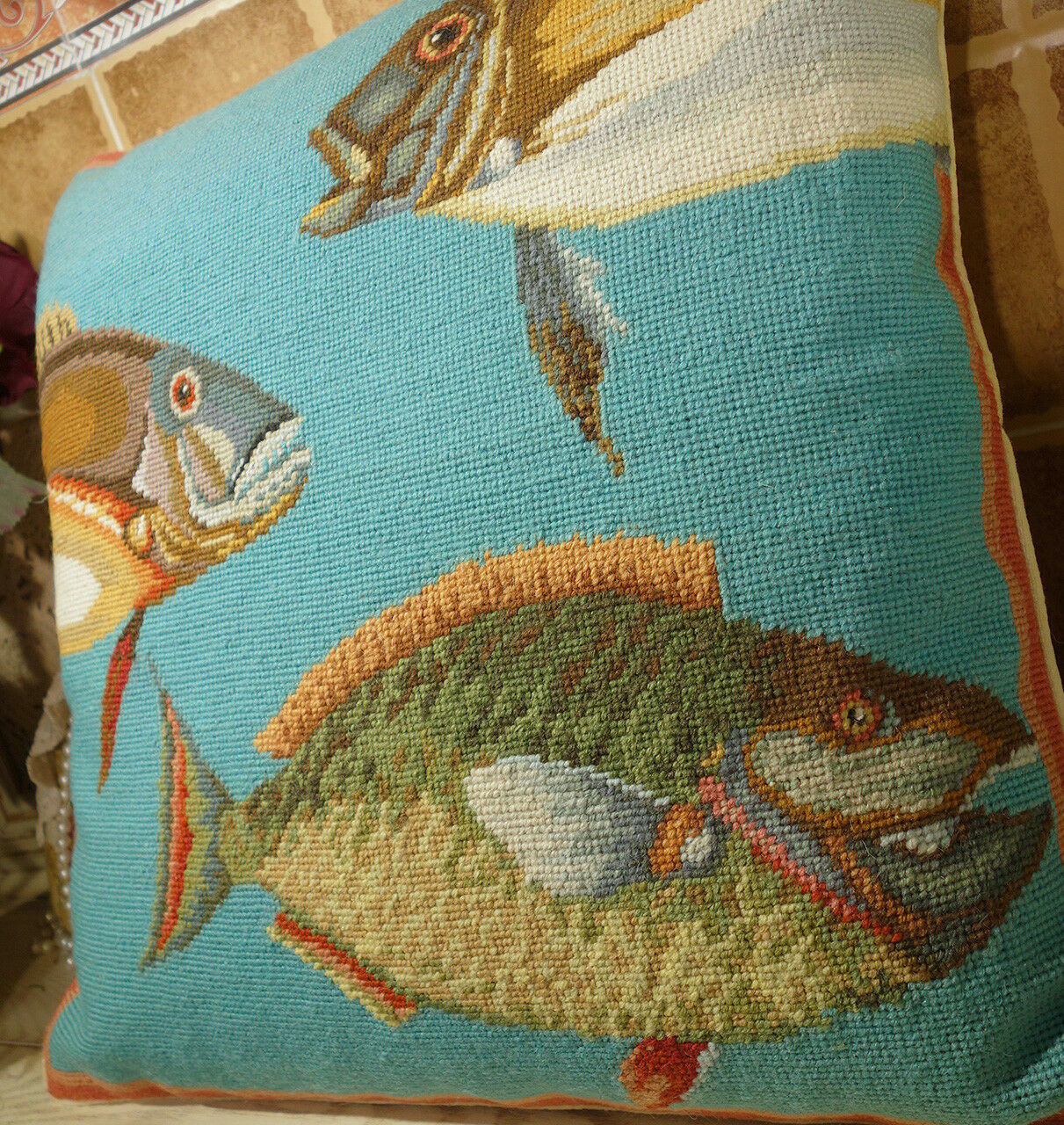 20" Hand Crafted Needlepoint Pillow Cushion Cover VIVID LARGE SEA Fish ...