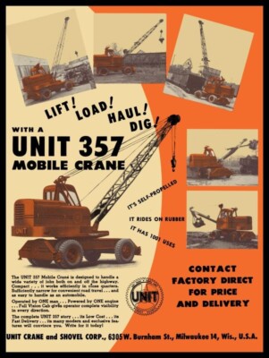1947 Unit Crane & Shovel Model 357 Mobile Crane NEW Sign: 18" x 24" USA ...