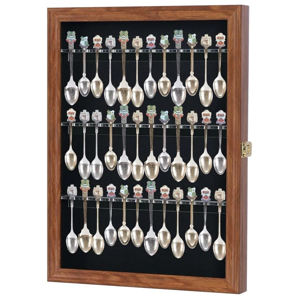 36 Souvenir Tea Spoon Solid Wood Display Case Rack Cabinet with Glass ...