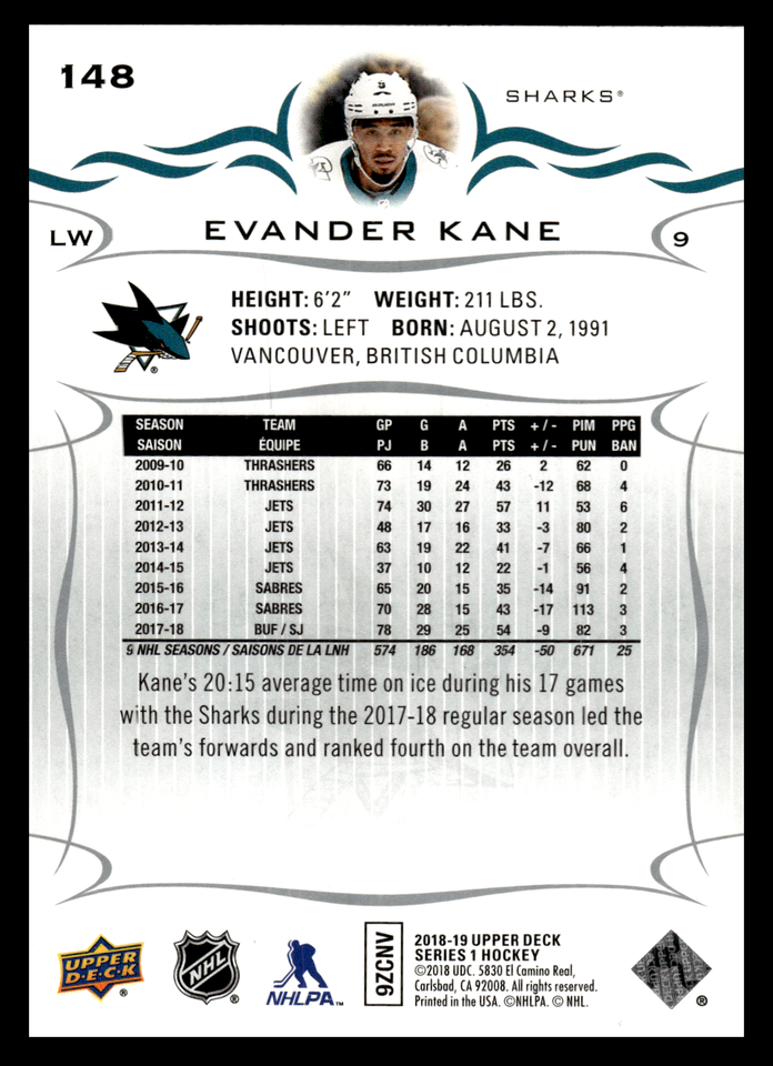 2018 Upper Deck Evander Kane #148 San Jose Sharks NHL Hockey Base Set ...