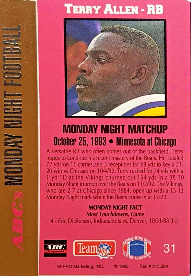 1993 ABC's Monday Night Trading Card Football NFL Terry Allen (RB) Card ...