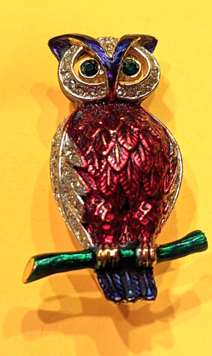 Vintage Sphinx Owl Gold tone Brooch Pin Enamel Emerald Eyes Rhinestones ...