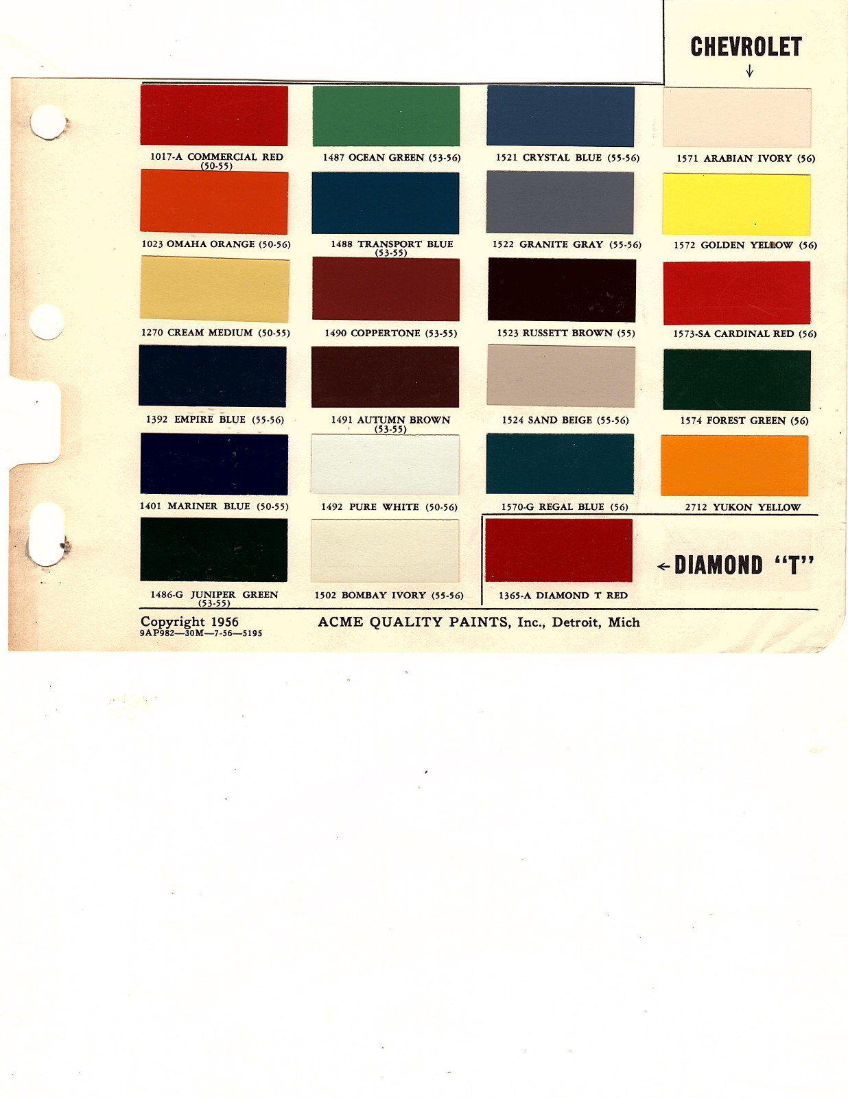 1950-1958 Chevrolet Truck Paint Chips 5056 ACME 1951 1952 1953 1954 ...