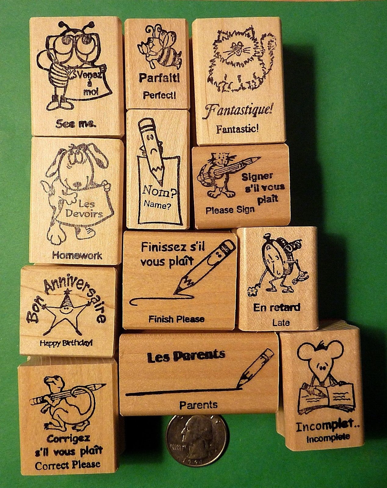 Teacher's French/English Bilingual Rubber Stamp 12-Piece Asst., Wood ...