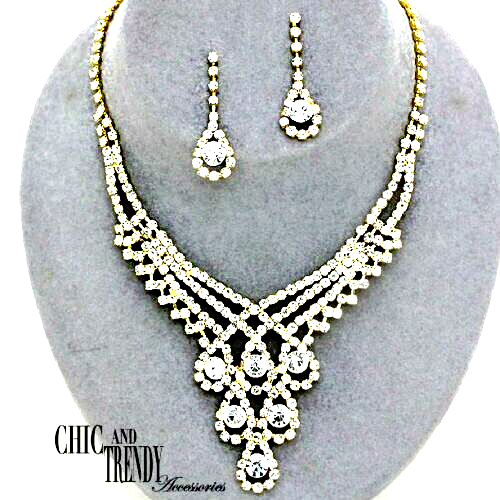 PRINCESS CLEAR IN GOLD CRYSTAL PROM BRIDAL FORMAL NECKLACE FASHION ...