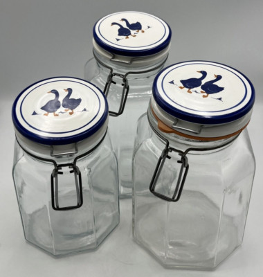 Italian Glass Jars Canisters Octagon Porcelain Geese Set of 3 Vintage ...