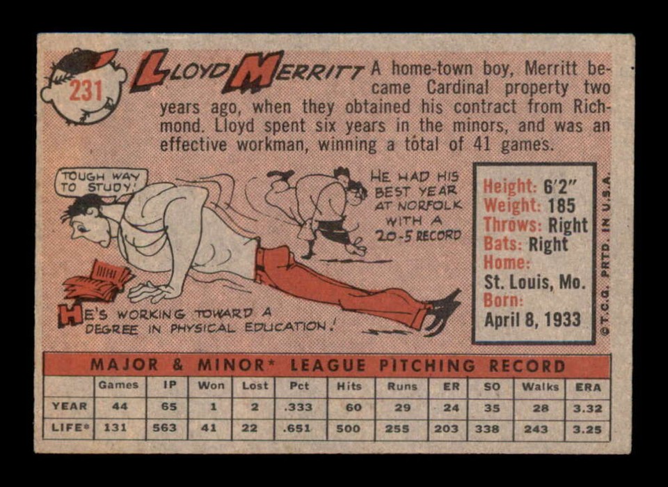1958 Topps #231 Lloyd Merritt RC VG/VGEX X3082311 | eBay