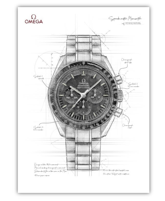 Omega Speedmaster technical concept drawing illustration artwork ...