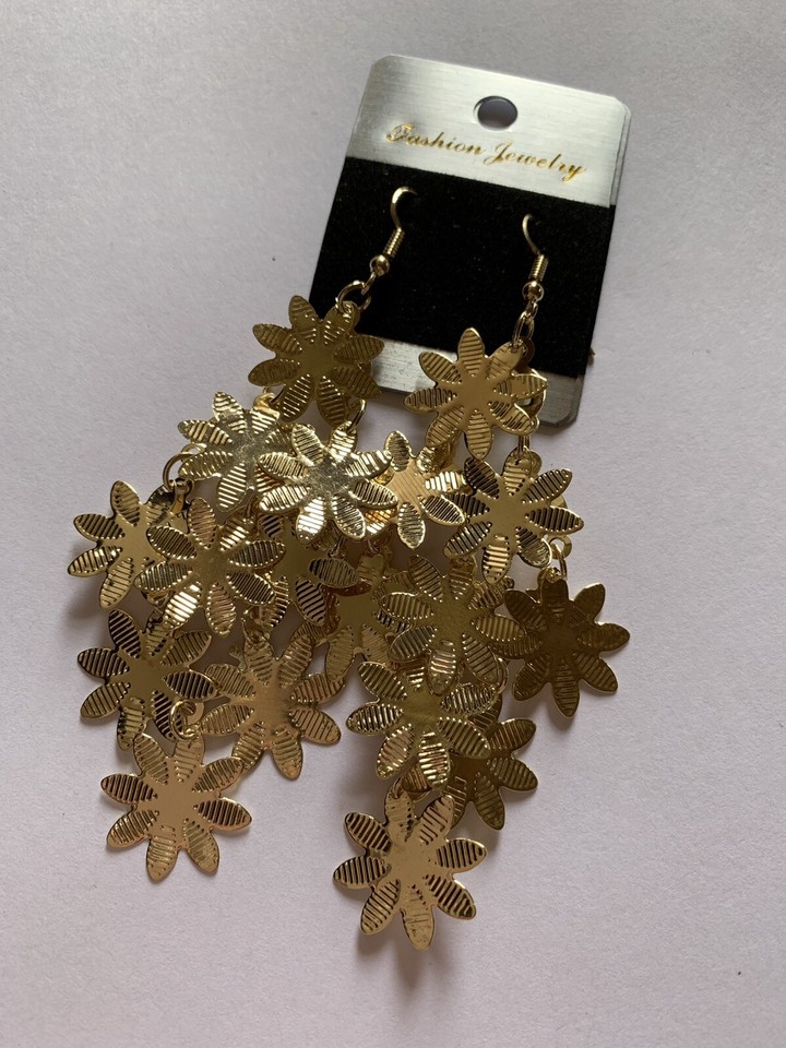 GOLDTONE LEAFY LOOK LONG DANGLE EARRINGS-E8912 | eBay