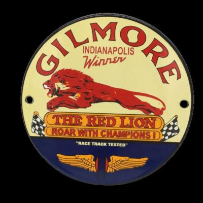 Vintage Gilmore Oil The Red Lion Race Winning Metal Enamel Gas Station ...