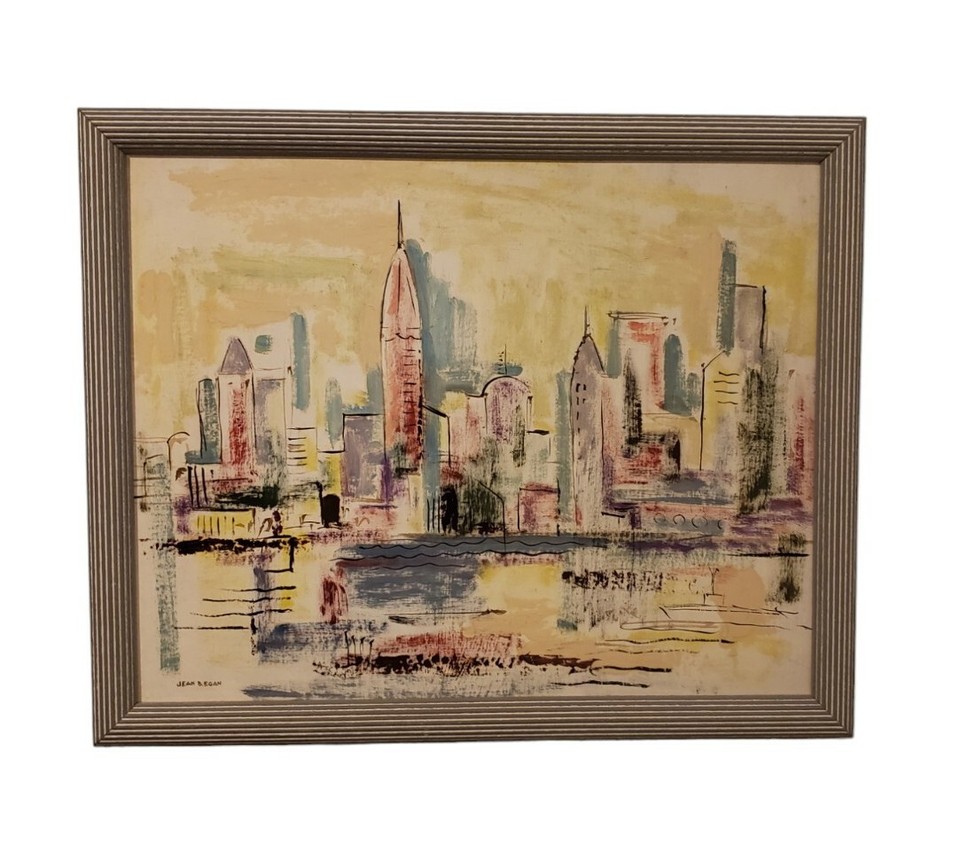 Vintage Oil Painting City Skyline Abstract Signed Jean B. Egan Framed ...