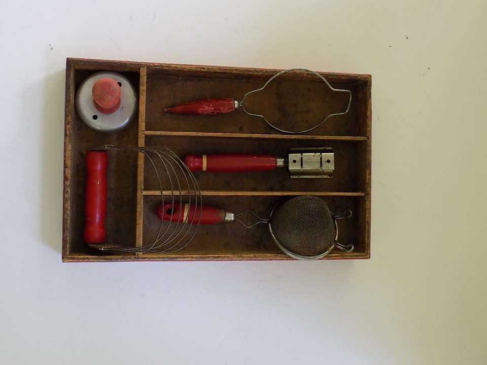 5 Antique Red Wood Handle Kitchen Tools in Red Wooden Tray | eBay