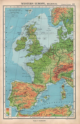 1952 MAP WESTERN EUROPE PHYSICAL BRITISH ISLES FRANCE SPAIN DENMARK ...