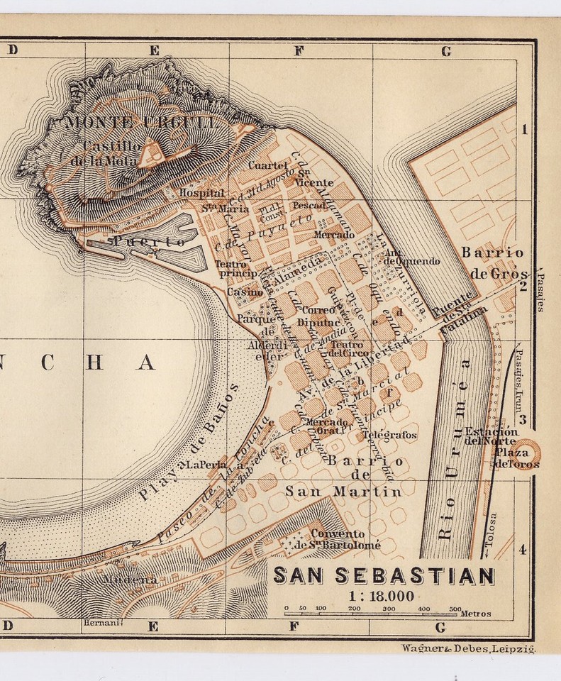 1898 ORIGINAL ANTIQUE MAP OF SAN SEBASTIAN / BISCAY / BASQUE COUNTRY ...