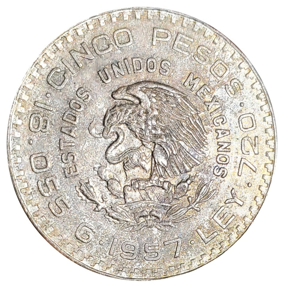 1957 Mexico 5 Cinco Pesos Constitution Anniversary .900 Silver Coin ...
