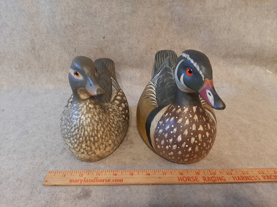 Pair Carved Wood Duck Decoys branded Reggie Birch Chincoteague VA | eBay