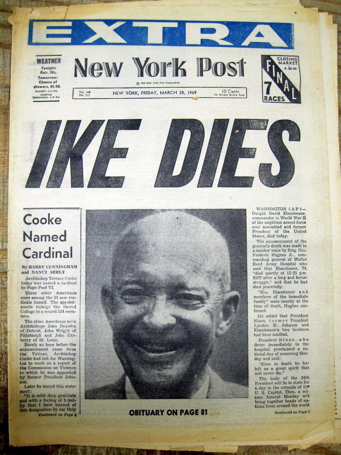 1969 NY Post "EXTRA" newspaper Ex-President DWIGHT D "IKE" EISENHOWER is DEAD | eBay