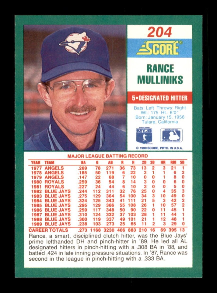 1990 Baseball Score Rance Mulliniks Toronto Blue Jays #204 | eBay