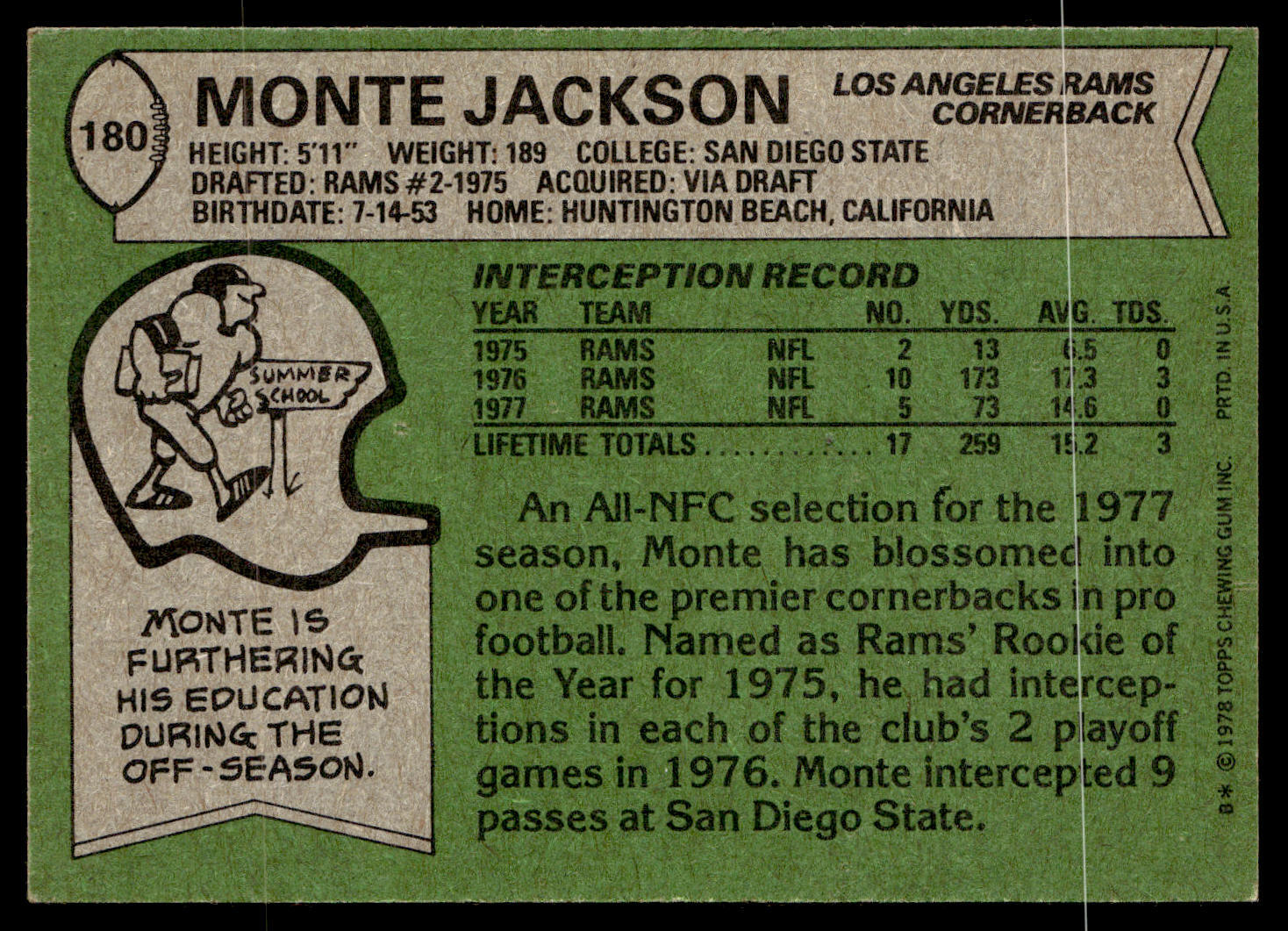 1978 Topps Set Break Monte Jackson #180 Los Angeles Rams | eBay