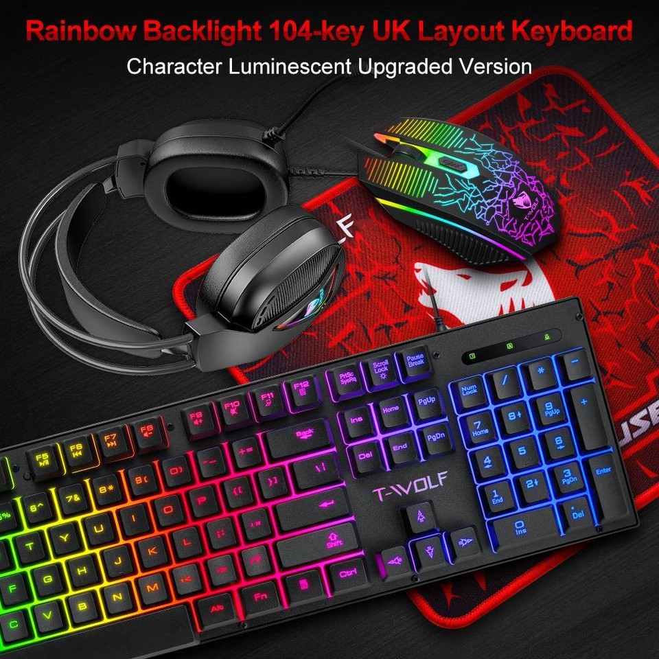 RGB PC Gaming Keyboard Mouse & Headset Set LED Gamer Bundle Mechanical ...
