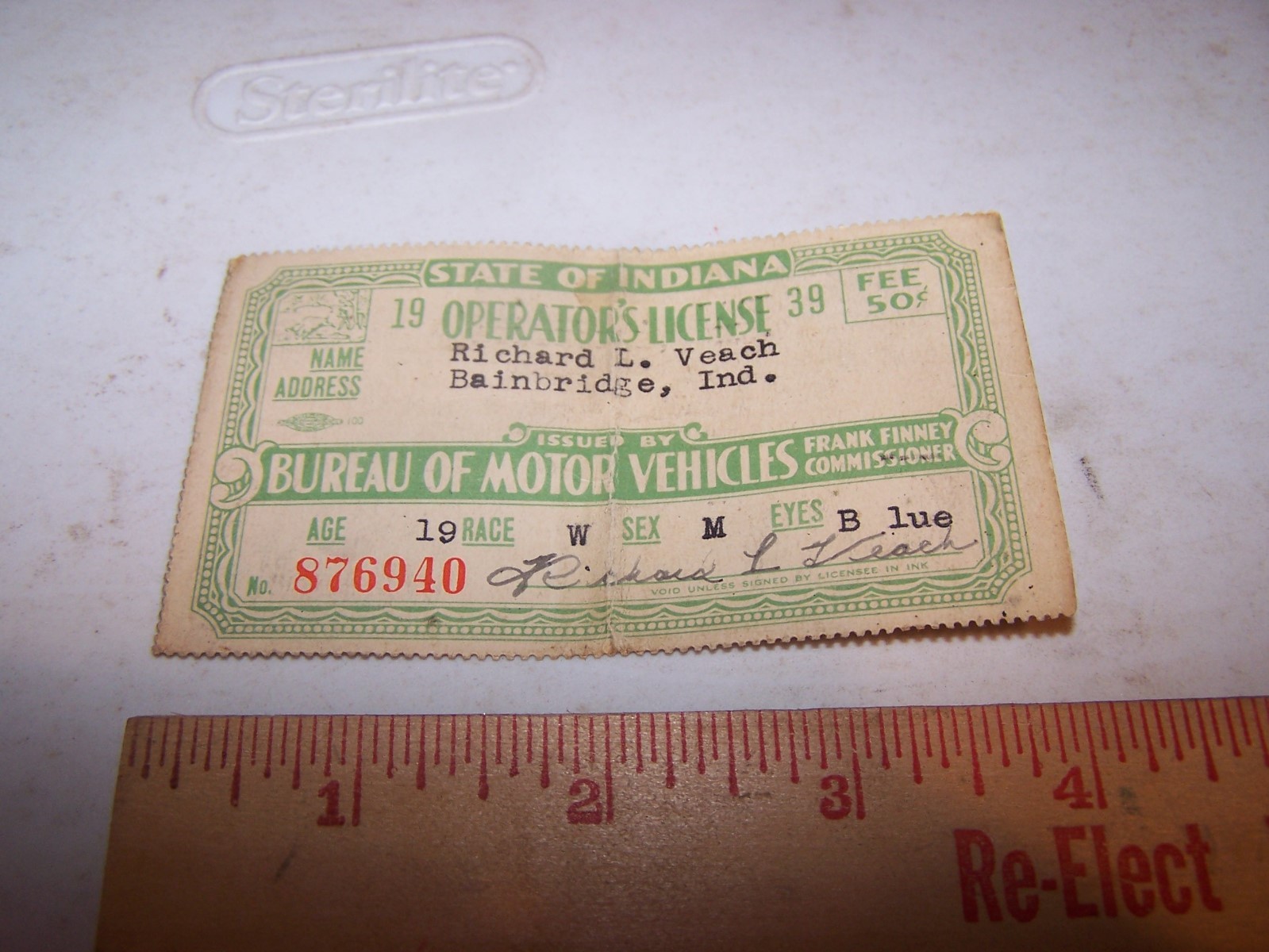 1939 INDIANA Operators Drivers License - Richard Veach Bainbridge IN | eBay