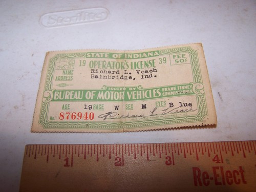 1939 INDIANA Operators Drivers License - Richard Veach Bainbridge IN | eBay