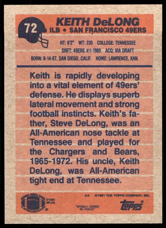 1991 Topps Keith DeLong San Francisco 49ers #72 | eBay