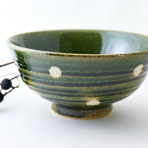 Japanese Handmade Chawan Rice Bowl Oribe Green Glaze White Polka Dots ...