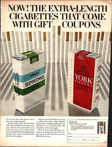 1967 Menthol Spring York Cigarettes Extra Length Gift Coupons Vintage ...