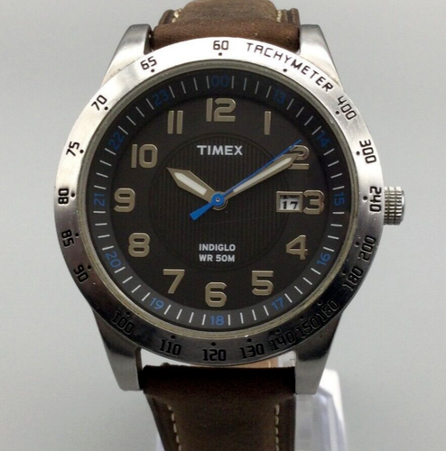 Timex Watch Men Indiglo 42mm Silver Tone Date Brown Leather Band New ...