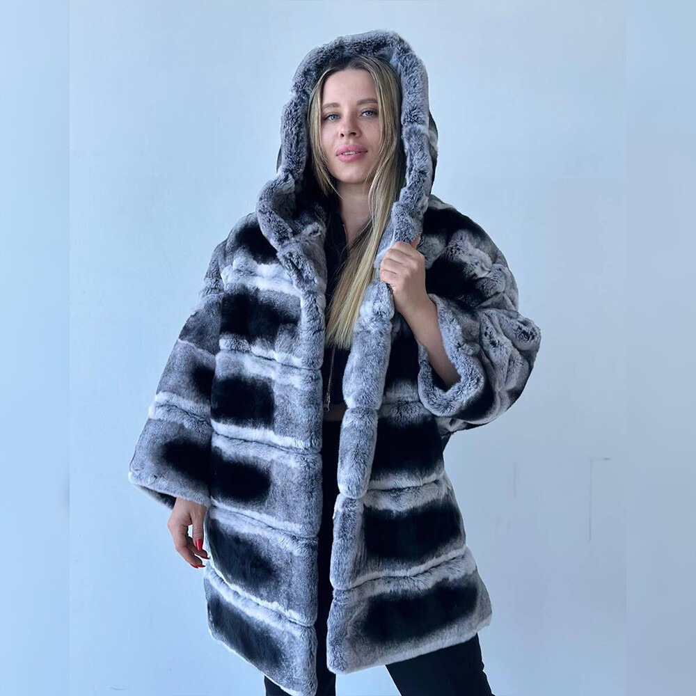 Luxury Real Rex Rabbit Fur Hood Coats Women Mid-length Chinchilla ...