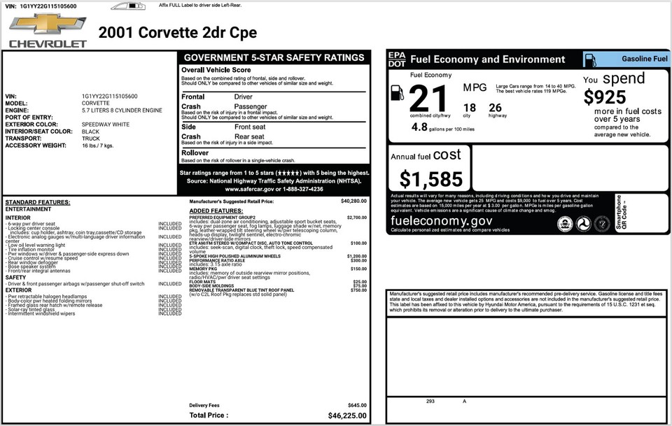 Original Car Dealer Monroney Label / Window Sticker | PDF, JPG Format