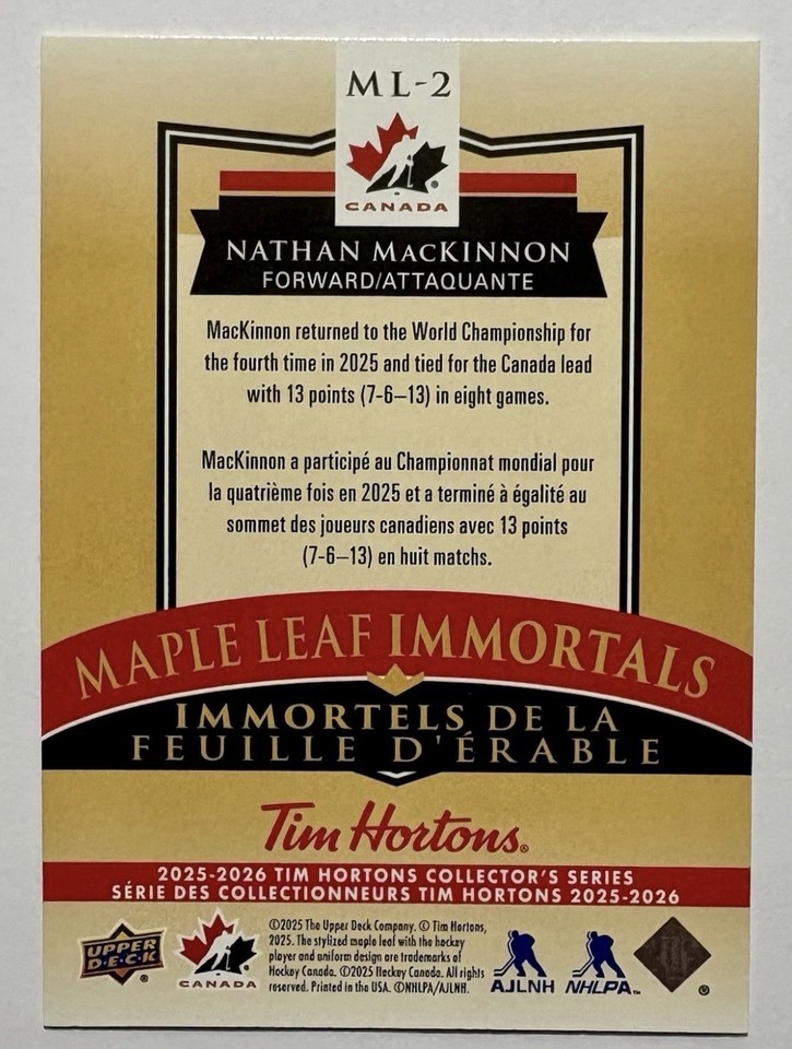 2025-26 Tim Hortons Team Canada Maple Leaf Immortals Nathan MacKinnon ...