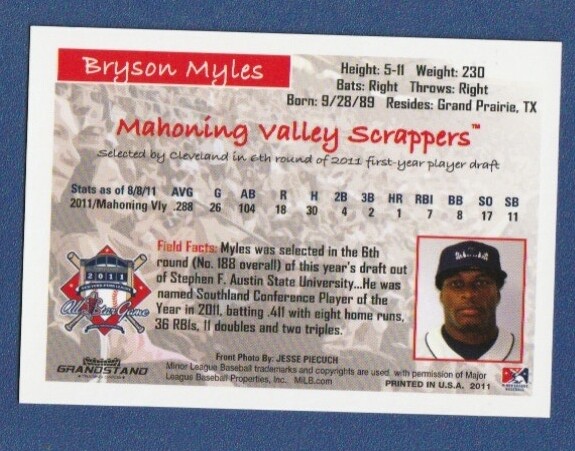 BRYSON MYLES 2011 Grandstand RC New York Penn League All Star Indians ...